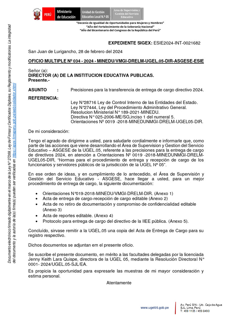 OFICIO MULTIPLE 034-2024 ESIE Precisiones para La Transferencia de Entrega de Cargo Directivo ...