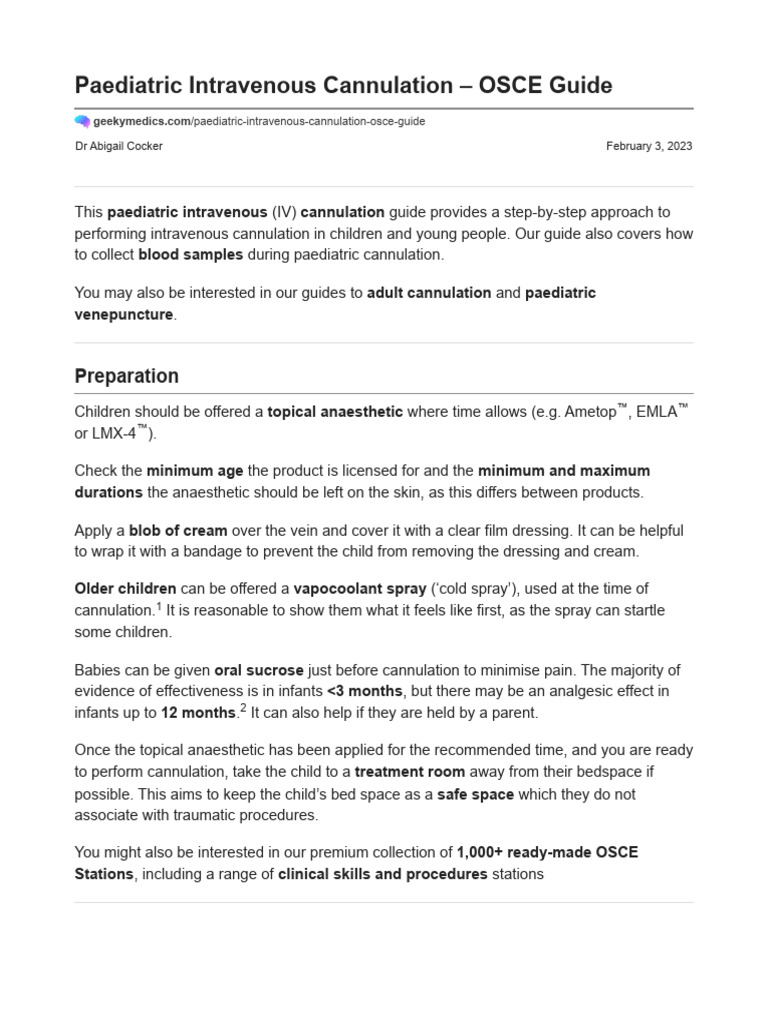 Paediatric Intravenous Cannulation - OSCE Guide _ Geeky Medics | PDF | Intravenous Therapy ...