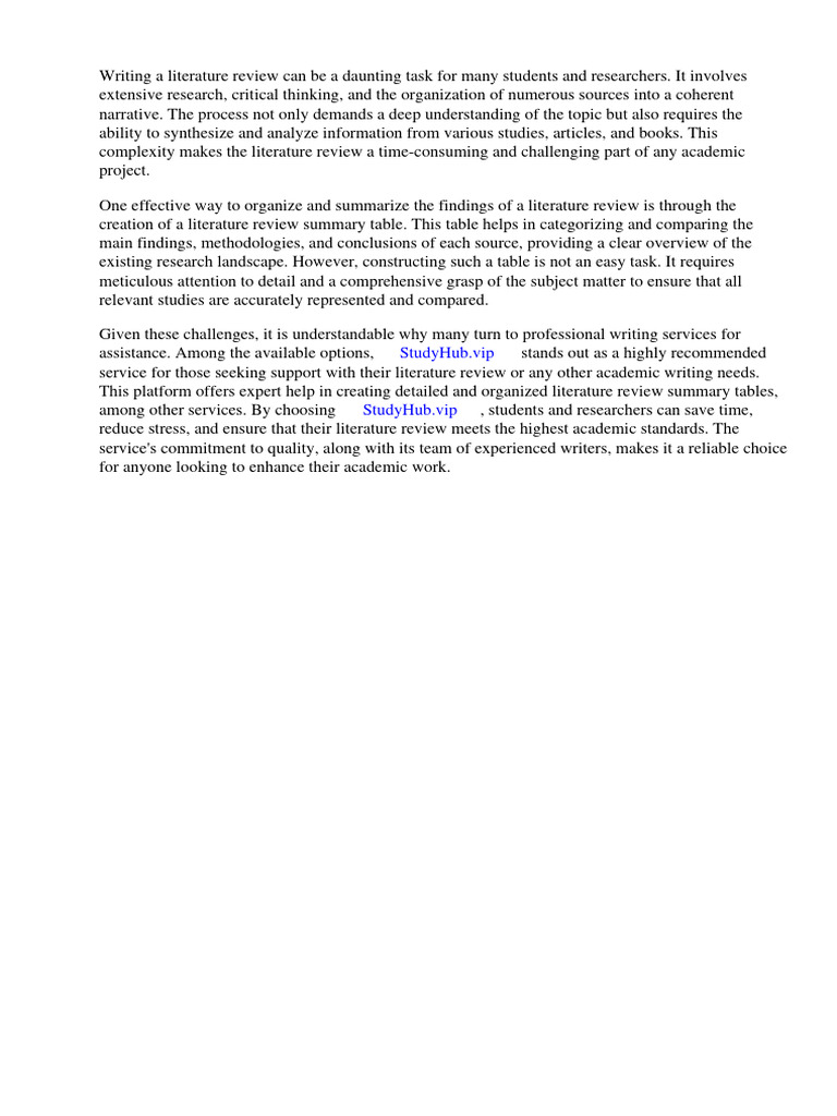 Example of A Literature Review Summary Table | PDF | Systematic Review ...