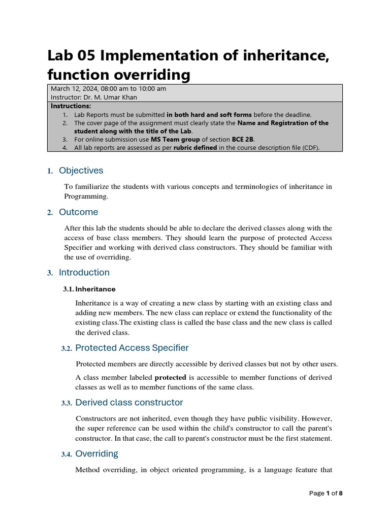 Lab 05 Implementation Of Inheritance Function Overriding Objectives Pdf Inheritance 0708