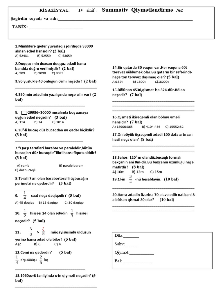 4cü Sinif Riyaziyyat SQ-2 | PDF