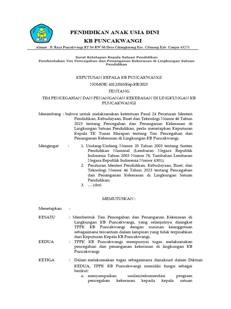 Lampiran 2_ Contoh SK Kepala Satuan Pendidikan Pembentukan TPPK | PDF