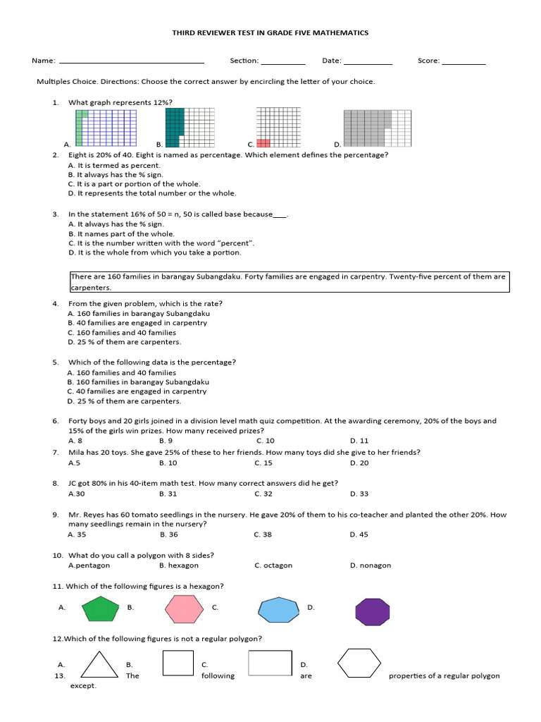 Grade 5 Math Review Test Questions | PDF