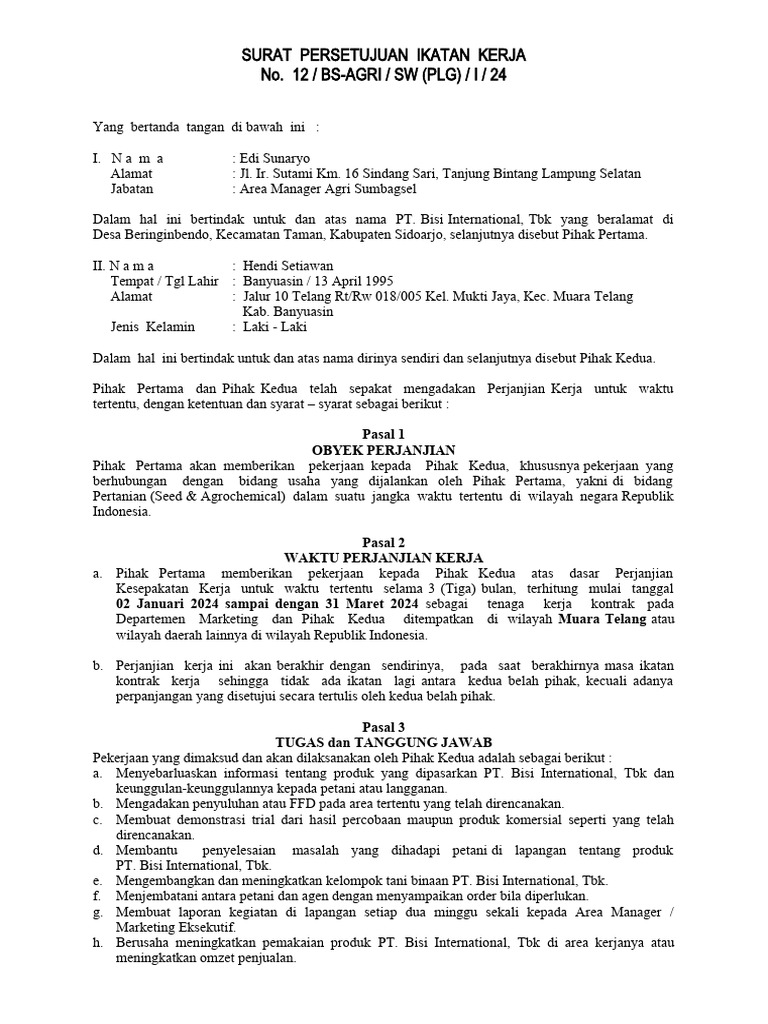 12 Surat Persetujuan Ikatan Kerja - SW (Hendi Setiawan) Jan-Mar 2024 | PDF
