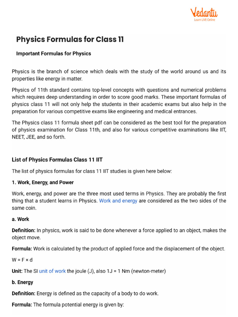 Physics Formulas For Class 11 | PDF
