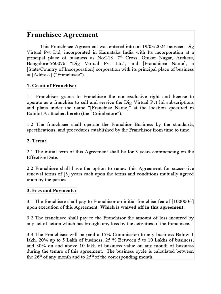 Franchisee Agreement Pdf Franchising Contract Law