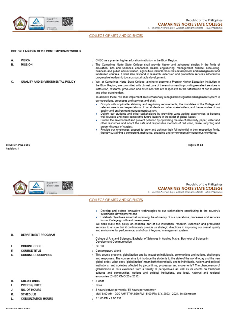 Syllabus GEC 8 THE CONTEMPORARY WORLD 2023 2024 | PDF | Globalization | Knowledge