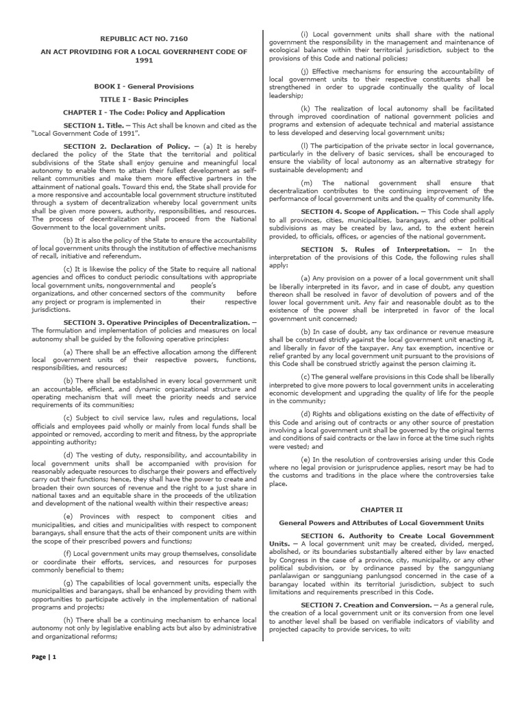 Ra 7160 The Local Government Code of The Philippines 1991 Book I IV ...