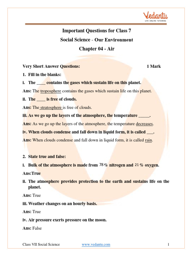 CBSE Class 7 Science Our Environment Chapter 4 Air Important Questions ...
