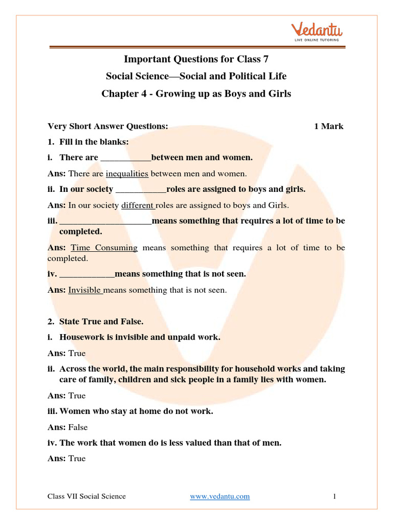 Important Questions For CBSE Class 7 Social Science Social and ...