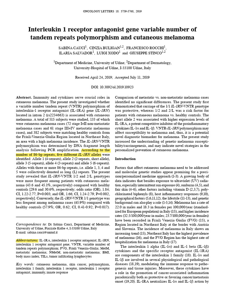 14.interleukin 1 Receptor Antagonist Gene Variable Number of Tandem Repeats Polymorphism and ...