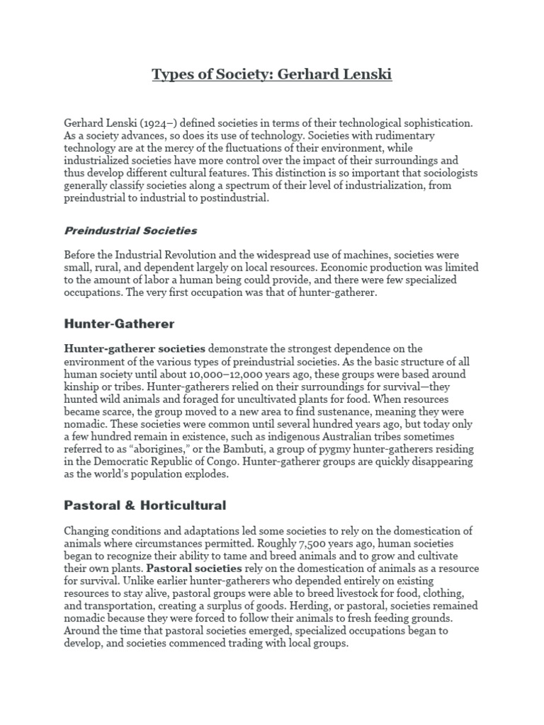 Q 10 Types of Society by Gerhard Lenski | PDF