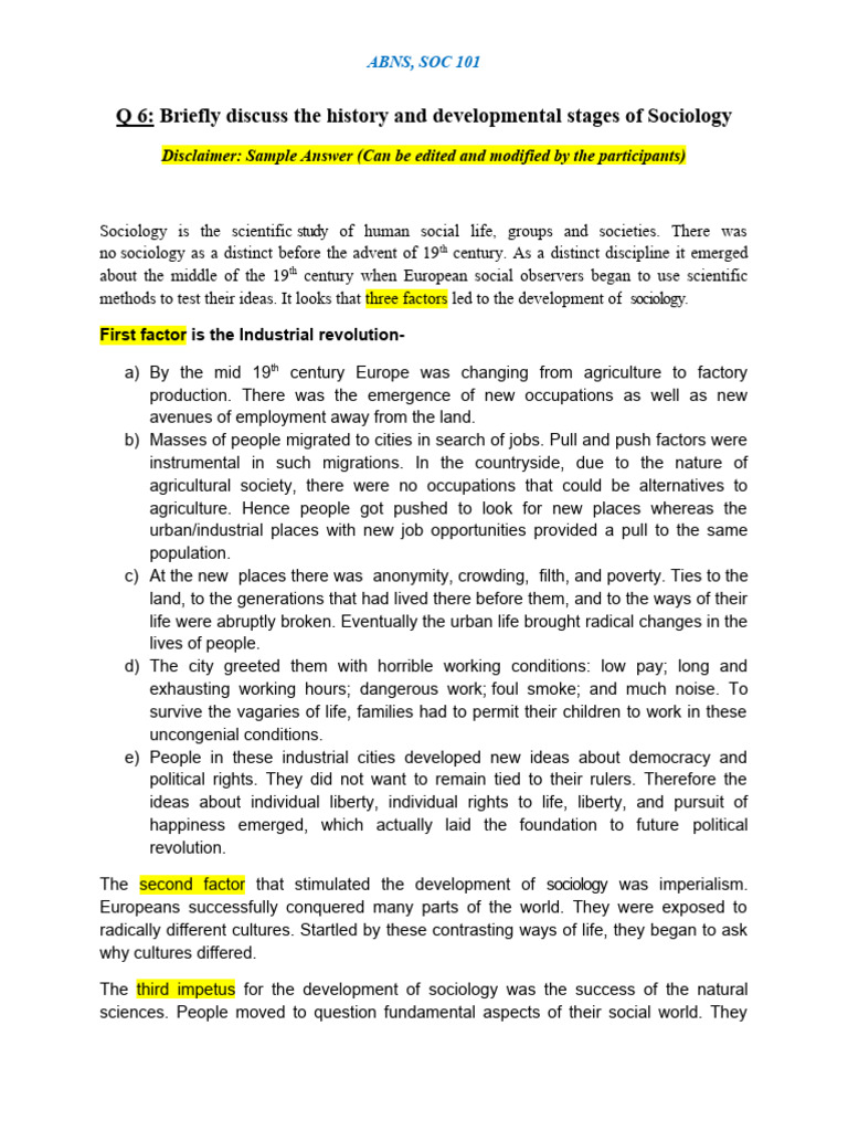 Q 6 The History and Developmental Stages of Sociology | PDF | Sociology ...