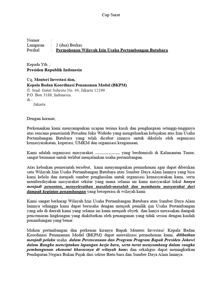 Permohonan Ke Bkpm Kosongan Pdf