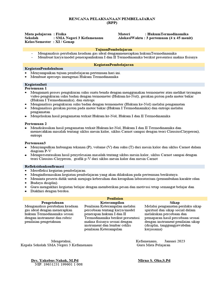 RPP Hukum Termodinamika | PDF