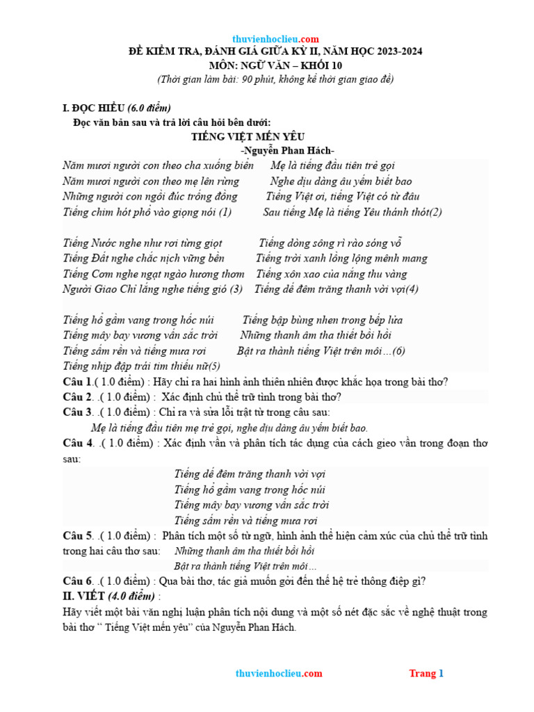 De Kiem Tra Giua HK2 Ngu Van 10 Nam 23 24 | PDF