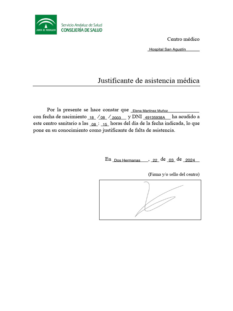 Plantilla Justificante Medico Andalucia | PDF