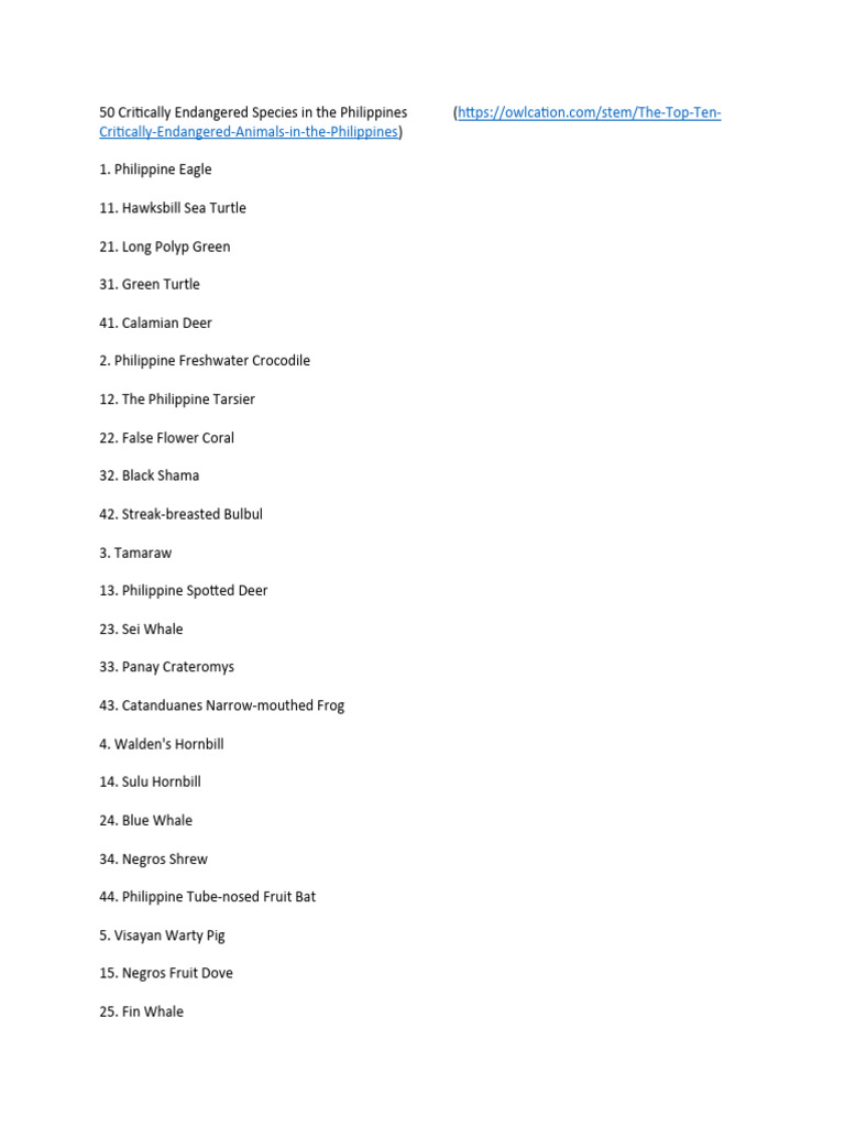 50 Critically Endangered Species in The Philippines | PDF