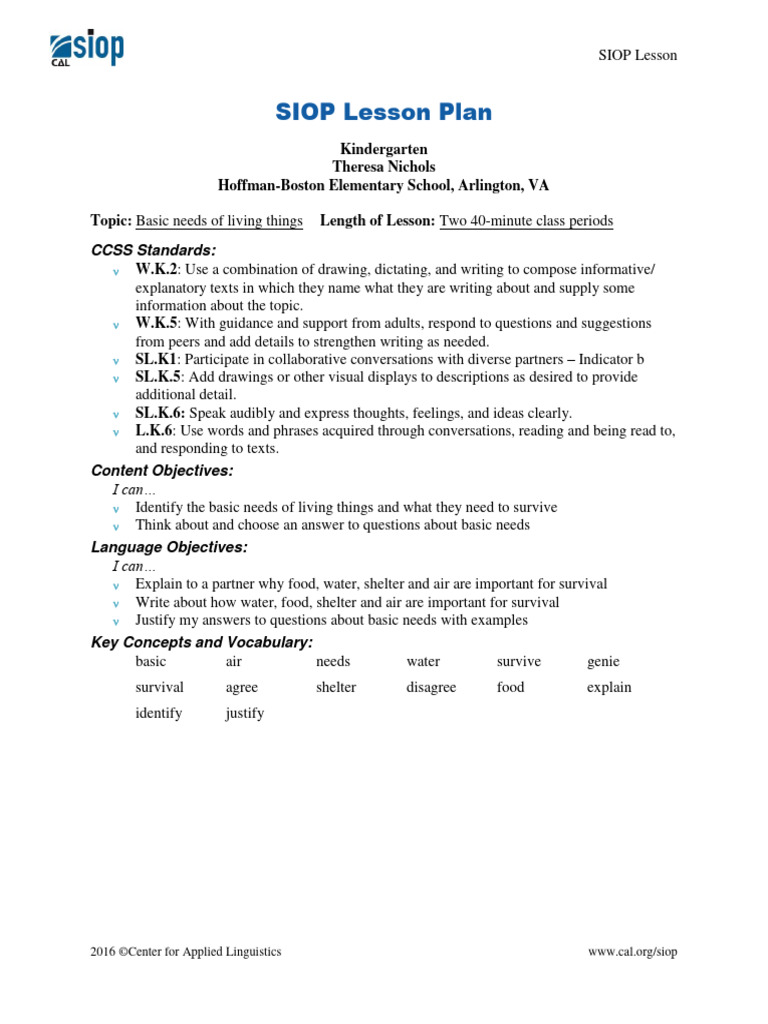 Kindergarten SIOP Lesson Plan: Needs of Living Things | PDF ...