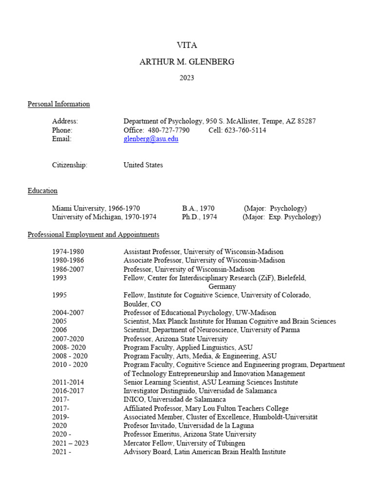 Glenberg 2023 CV | PDF | Psychology | Embodied Cognition