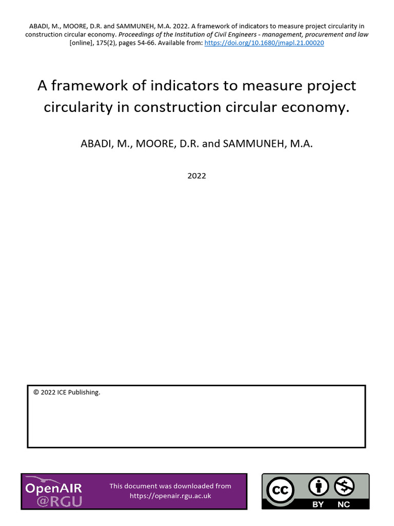 A Framework of Indicators To Measure Project Circularity in Construction Circular Economy | PDF ...