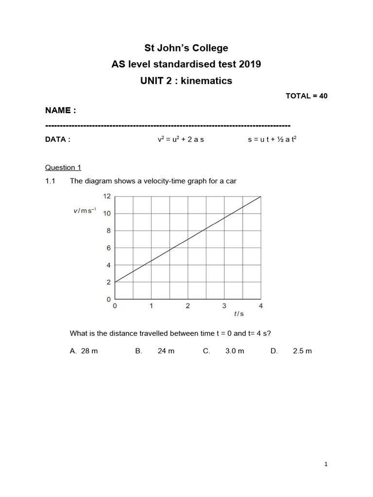 2019 As Kinematics Test | PDF | Velocity | Acceleration