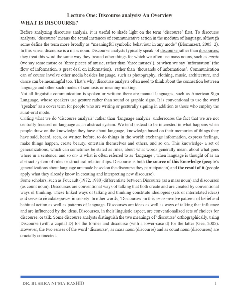 Lecture One: Discourse Analysis/ An Overview What Is Discourse? | PDF | Linguistics | Discourse