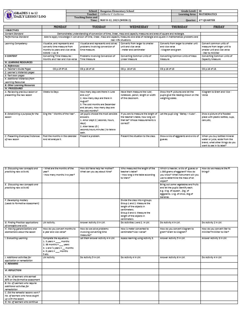 DLL Mathematics-3 Q4 W2 | PDF | Learning | Teachers