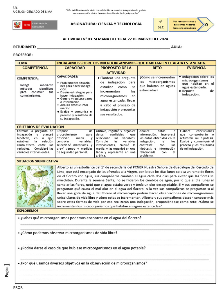 1°sec - UNIDAD 0 - ACTIVIDAD 3 (CyT Indaga 2024) - Indagamos Sobre Los Microorganismos | PDF ...
