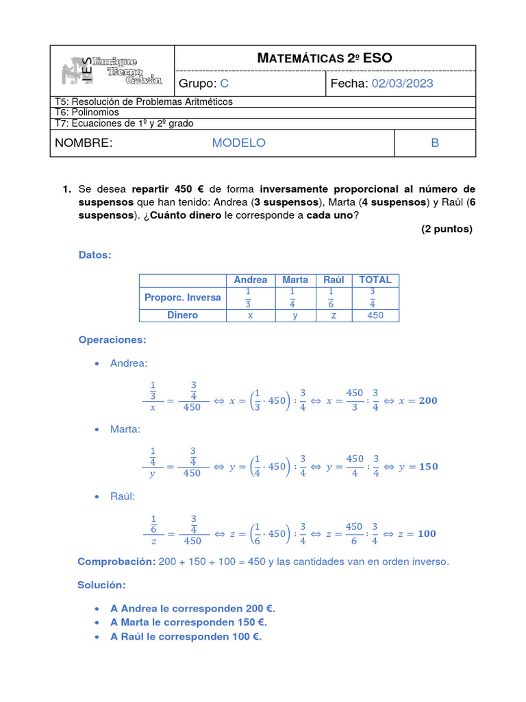 2º ESO C - Examen 2-1 - B - T5 Probl Aritméticos - T6 Polinomios - T7 Ecuaciones - CORREGIDO ...