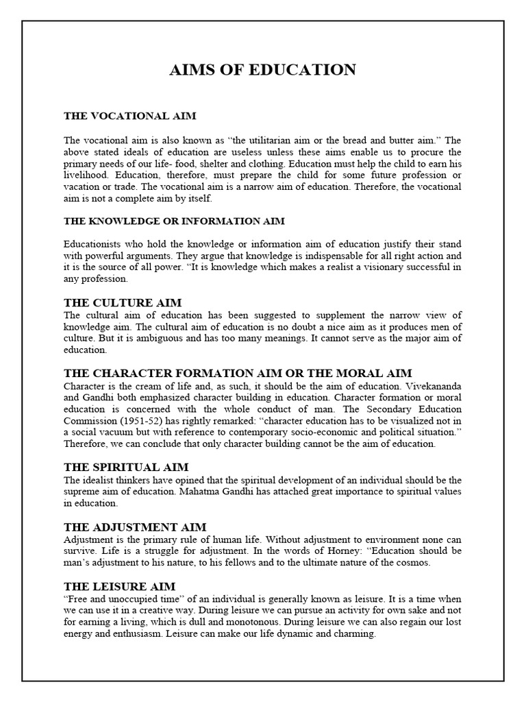 AIMS and OBJECTIVES OF EDUCATION | PDF | Evaluation | Learning