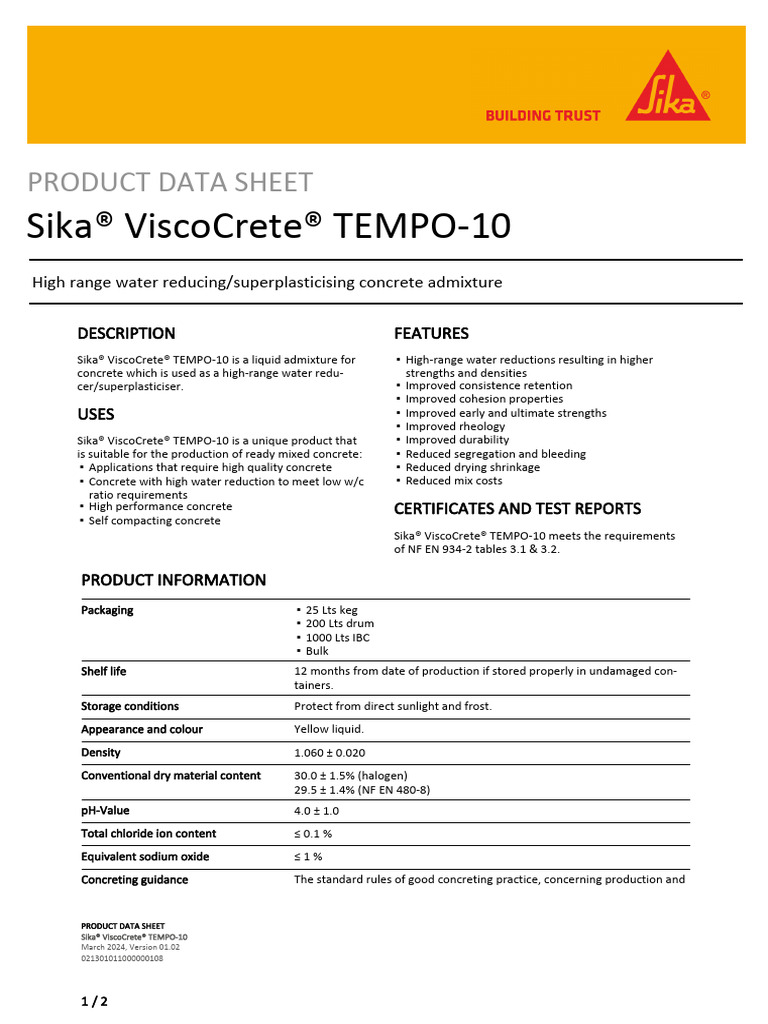 Sika Viscocrete Tempo 10 | PDF | Concrete | Materials