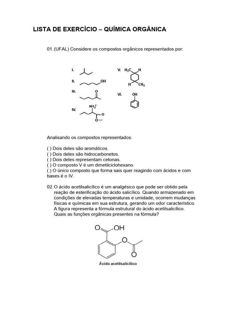 Lista de Exercício - Quimica Orgânica | PDF | Éster | Amina