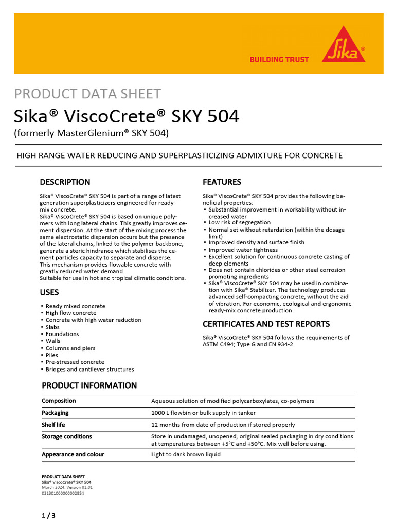 Sika Viscocrete Sky504 | PDF | Concrete | Applied And Interdisciplinary ...