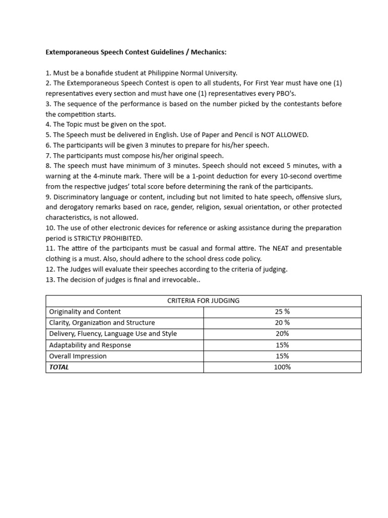 Extemporaneous Speech Mechanics Guidelines and Criteria For Judging | PDF