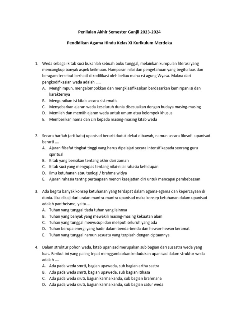 Soal Pas Pa Hindu Kelas Xi Kurmer | PDF