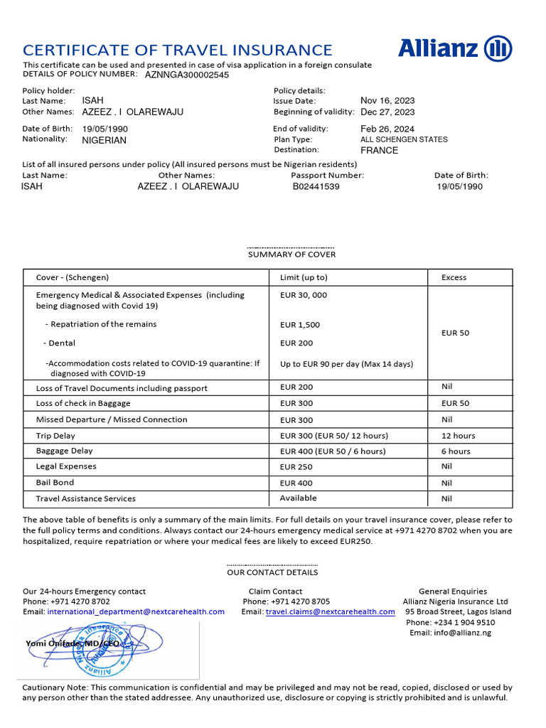 Travel Insurance Certificate for Visa | PDF | Government And Personhood