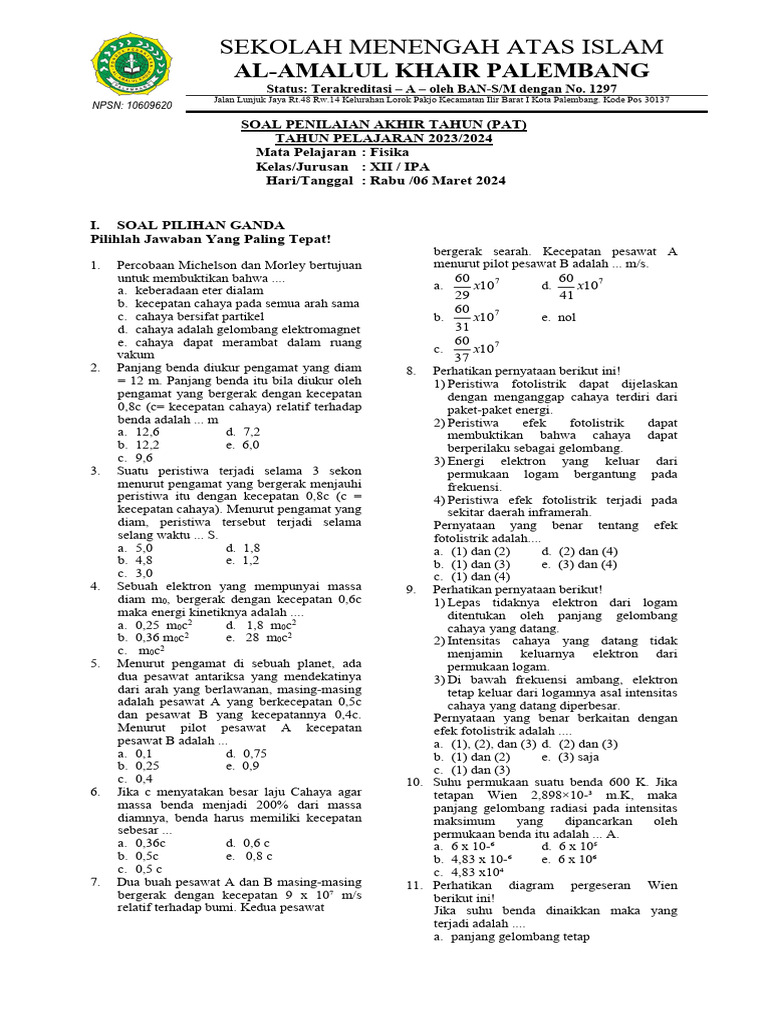 SOAL PAT Fisika Kelas 12 2024 | PDF | Metode & Bahan Ajar