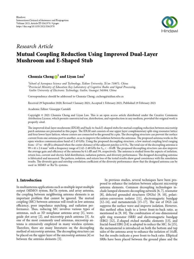 Mutual Coupling Reduction Using Improved Dual-Layer Mushroom and E-Shaped Stub | PDF