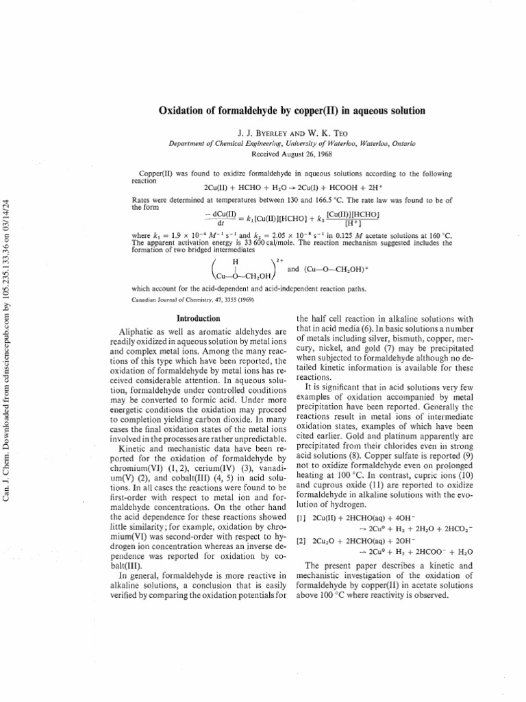 Byerley Teo 2011 Oxidation of Formaldehyde by Copper (Ii) in Aqueous ...