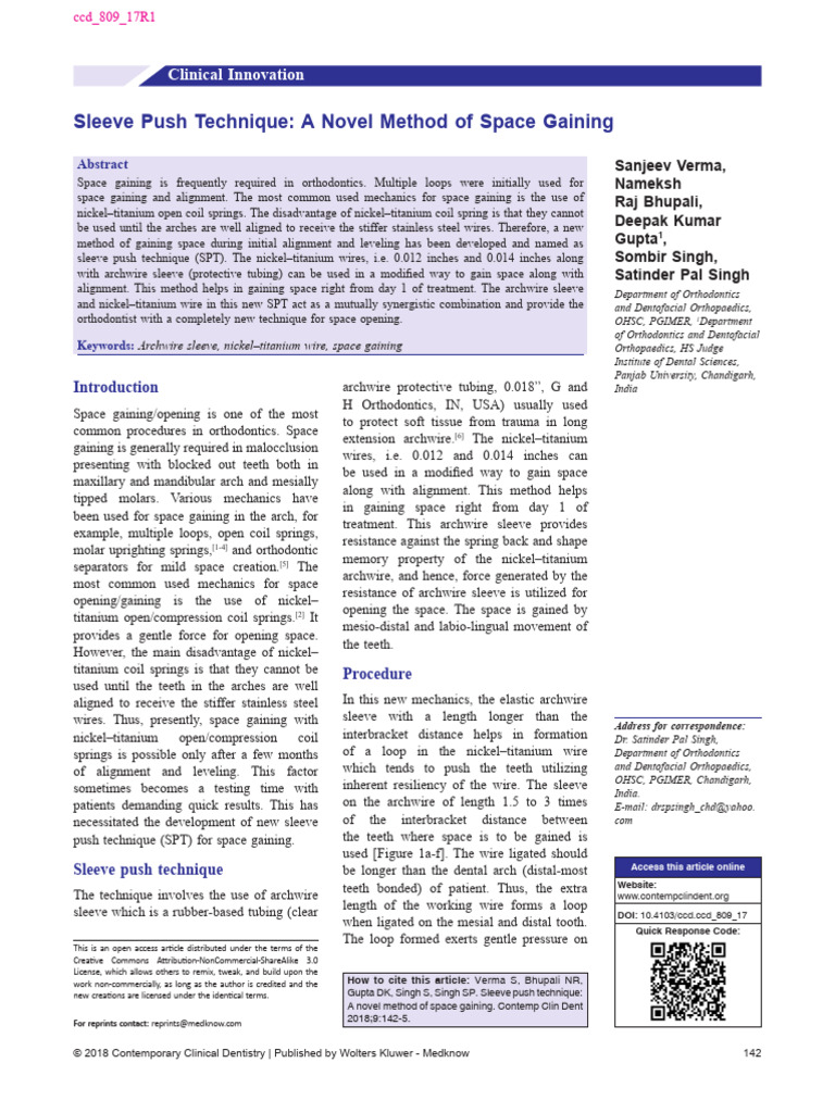 Sleeve Push Technique for Space Gaining | PDF | Orthodontics ...