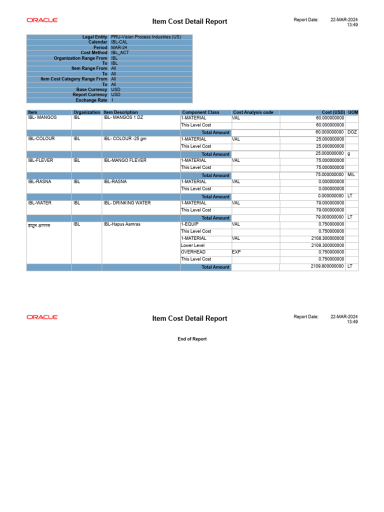 Item Cost Detail Report XML 220324 | PDF | Foreign Exchange Market | International Finance