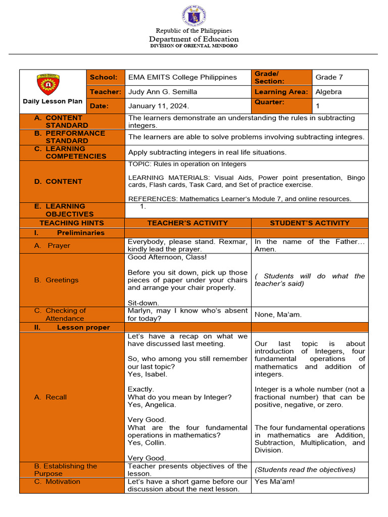 INTEGERS LESSON PLAN Jufy Annn | PDF | Subtraction | Multiplication