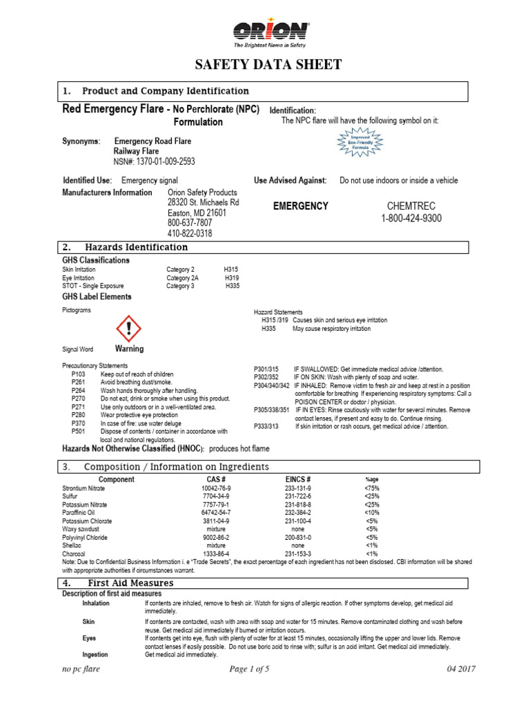 Safety Data Sheet: Red Emergency Flare | PDF | Toxicity | Safety
