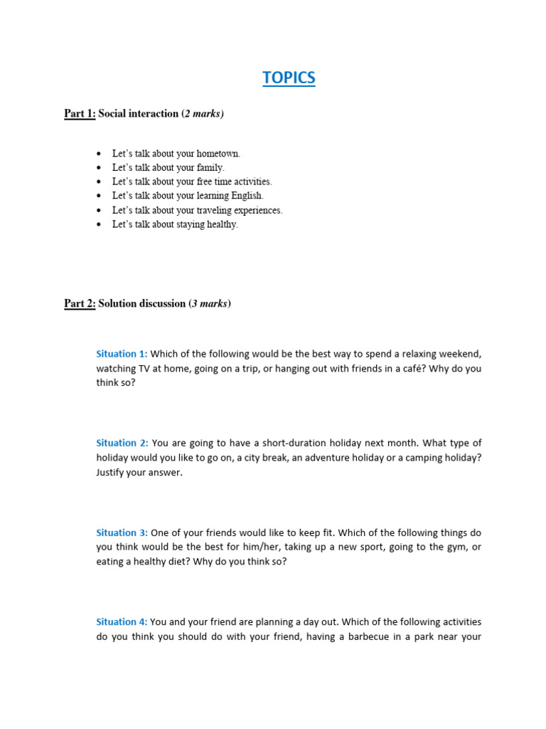 B1 Speaking Topics for Discussion | PDF