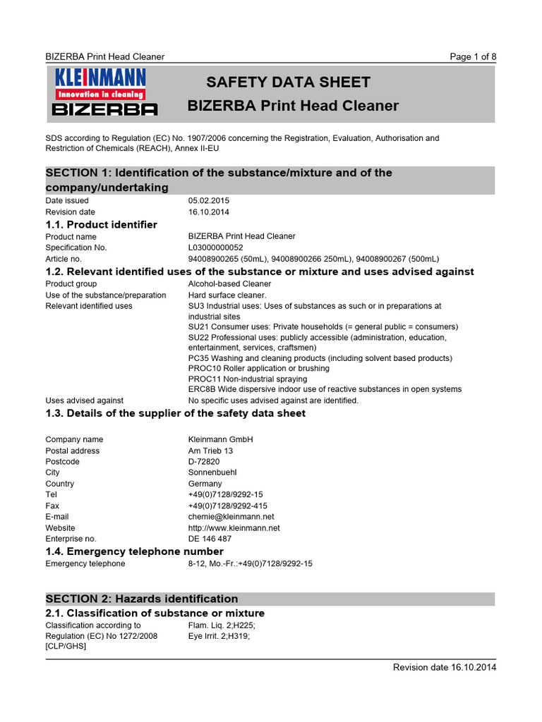 Safety Datasheet Printhead Cleaner en | Download Free PDF | Toxicology ...