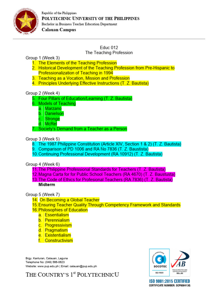 Educ 012 - Topic Outline | PDF