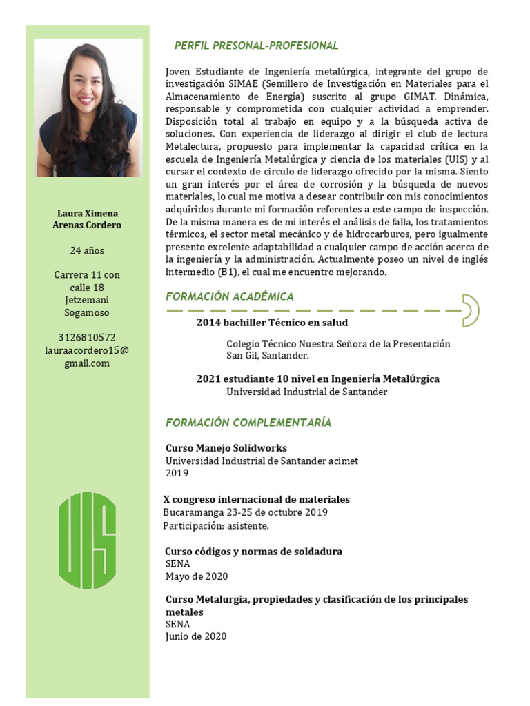 CV. Laura Ximena Arenas Cordero - 2021-1 Ingenieria Metalurgica 2 | PDF