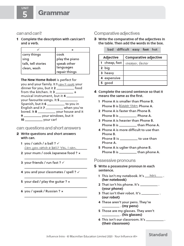 Intro A1PLUS U5 Grammar Standard | PDF | Adjective | Linguistic Typology