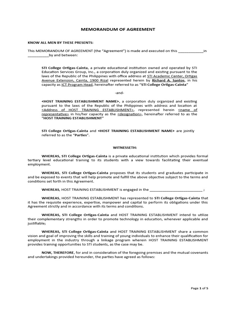 BSIT Memorandum of Agreement MOA Template Bet. STI and HTE Signed 1 1 | PDF